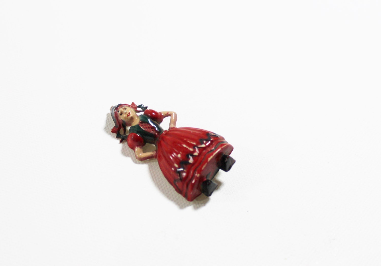 1930s Celluloid Pin Dutch Girl Figural Cherry Red Navy Blue Forest