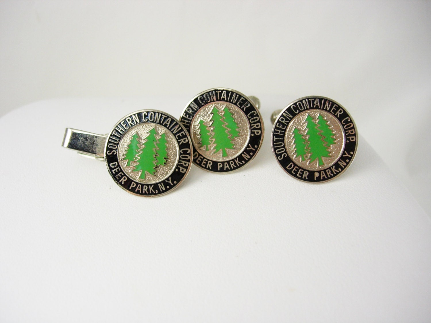 Southern Container Cufflinks Tie Clip Set Vintage Japan Enamel Trees ...