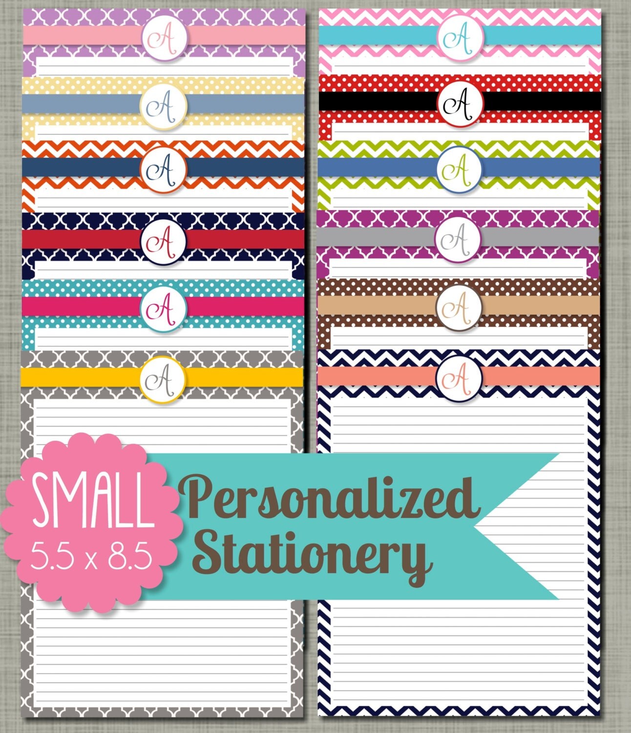 Small Printable Personalized Stationery with Initial Sized