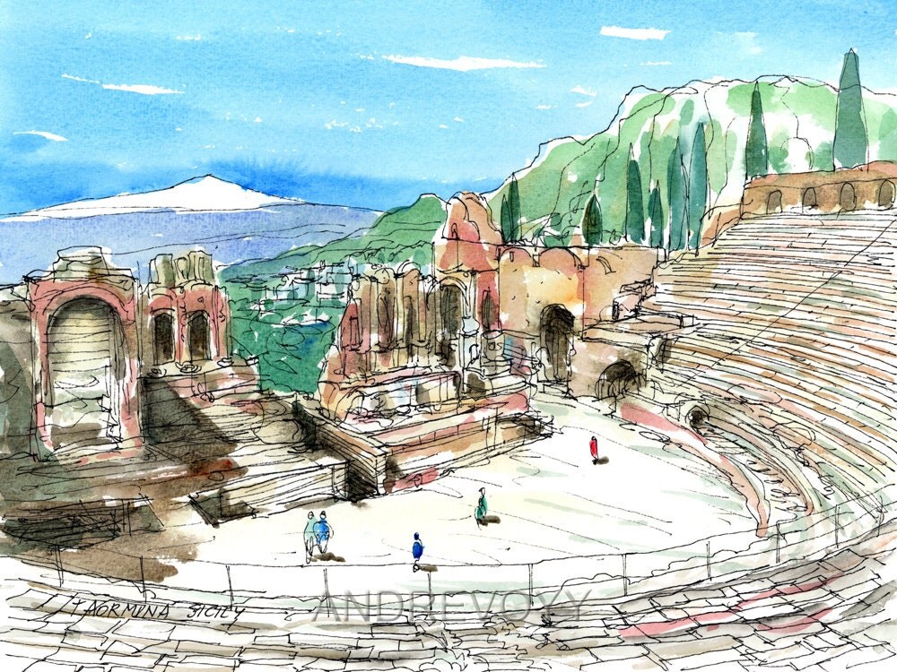 Taormina Sicily Italy art print from an original watercolor
