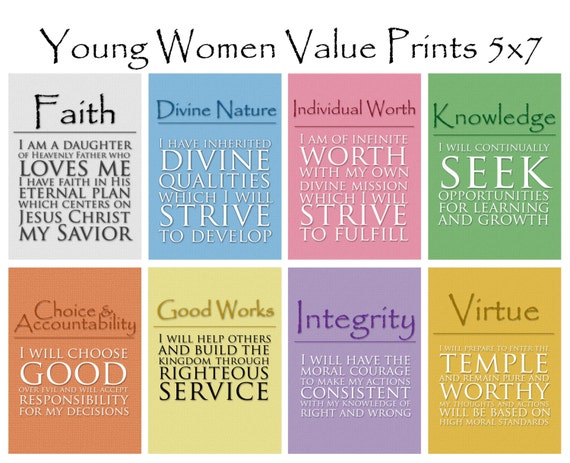 Items similar to 5x7 LDS Young Women Values - 8 print value pack ...