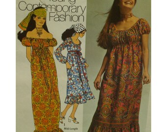 Long Peasant Dress Pattern, Vintage 1970s, Empire Waist, Off Shoulders ...