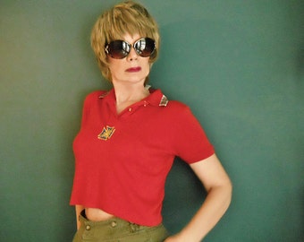 Vintage Crop Top - 80s Red Upcycled Polo - Belly Shirt