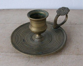 18th Century BRASS CANDLE HOLDER Fancy Finger Loop Concentric Lines ...