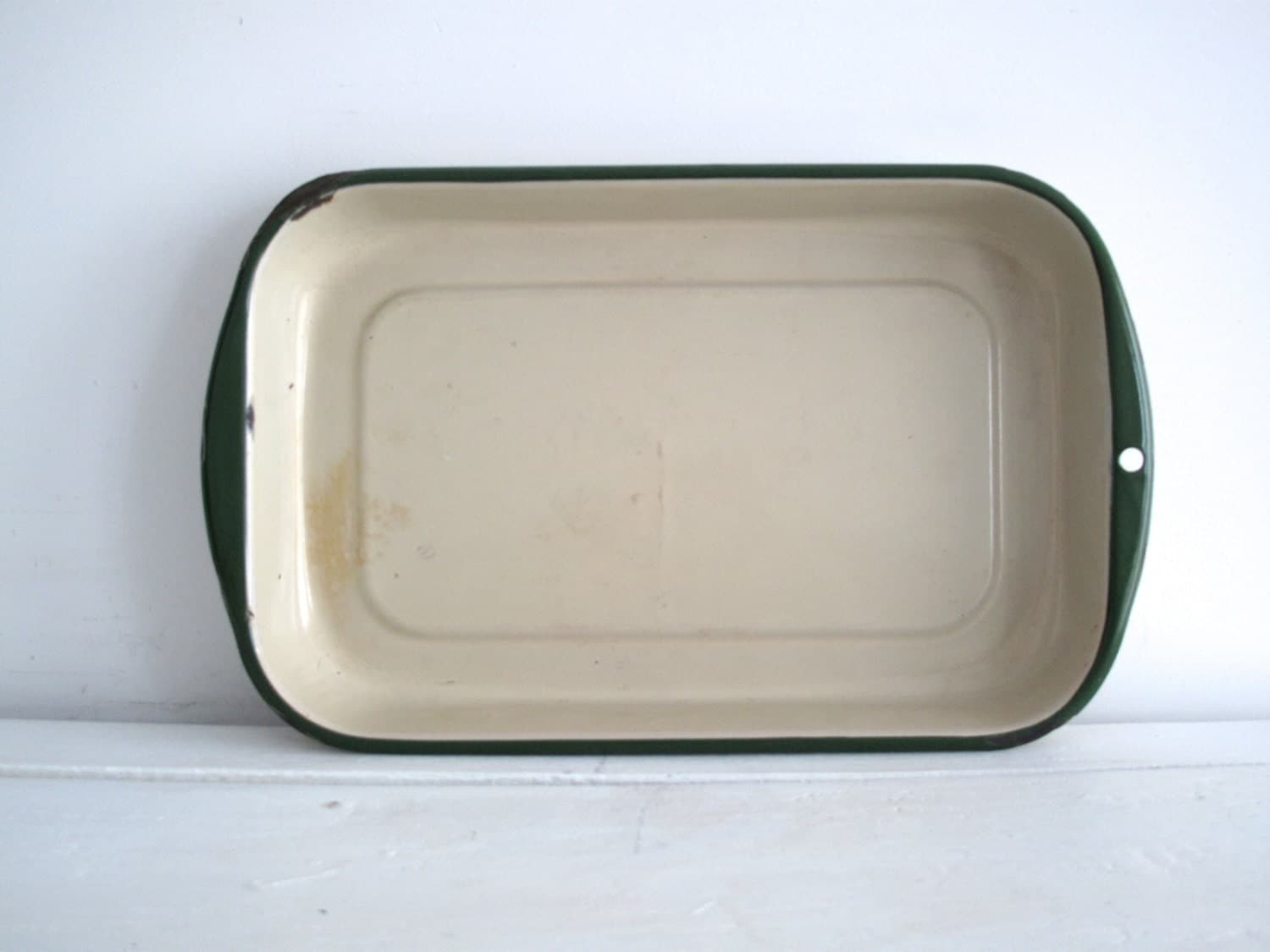 Vintage Enamel Metal Tray with Green Trim, Enamelware Casserole Dish ...