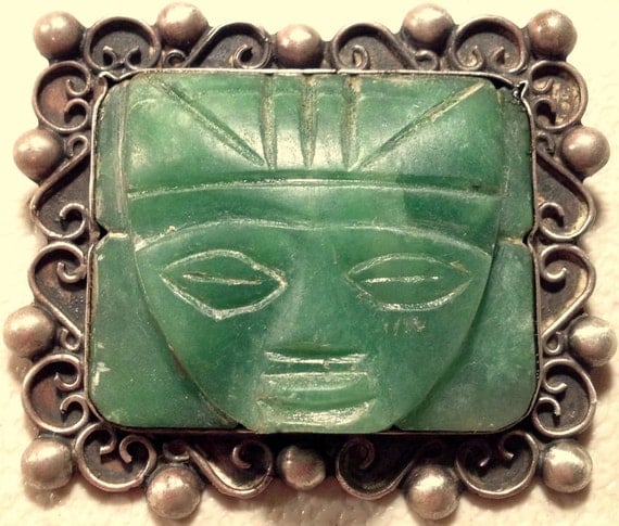 Vintage Silver & Mexican Jade Carved Aztec by TheSouthernAttic