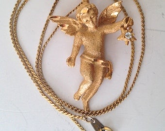 Vintage Angel Necklace Pendant, Sculptured Cherub Figure Holding ...