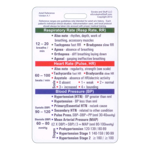 Adult Vital Signs Badge Pocket Card Vertical for Nurse Paramedic EMT ...