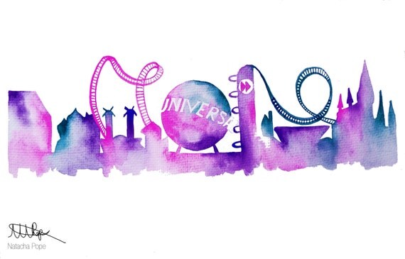 Universal Studios Florida Skyline Watercolor Silhouette