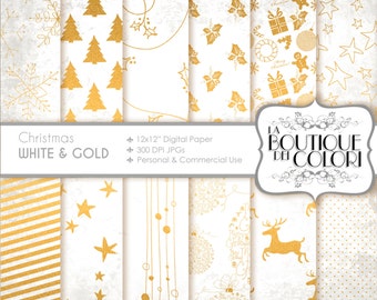 50% OFF White and Gold Christmas digital paper, gold background ...