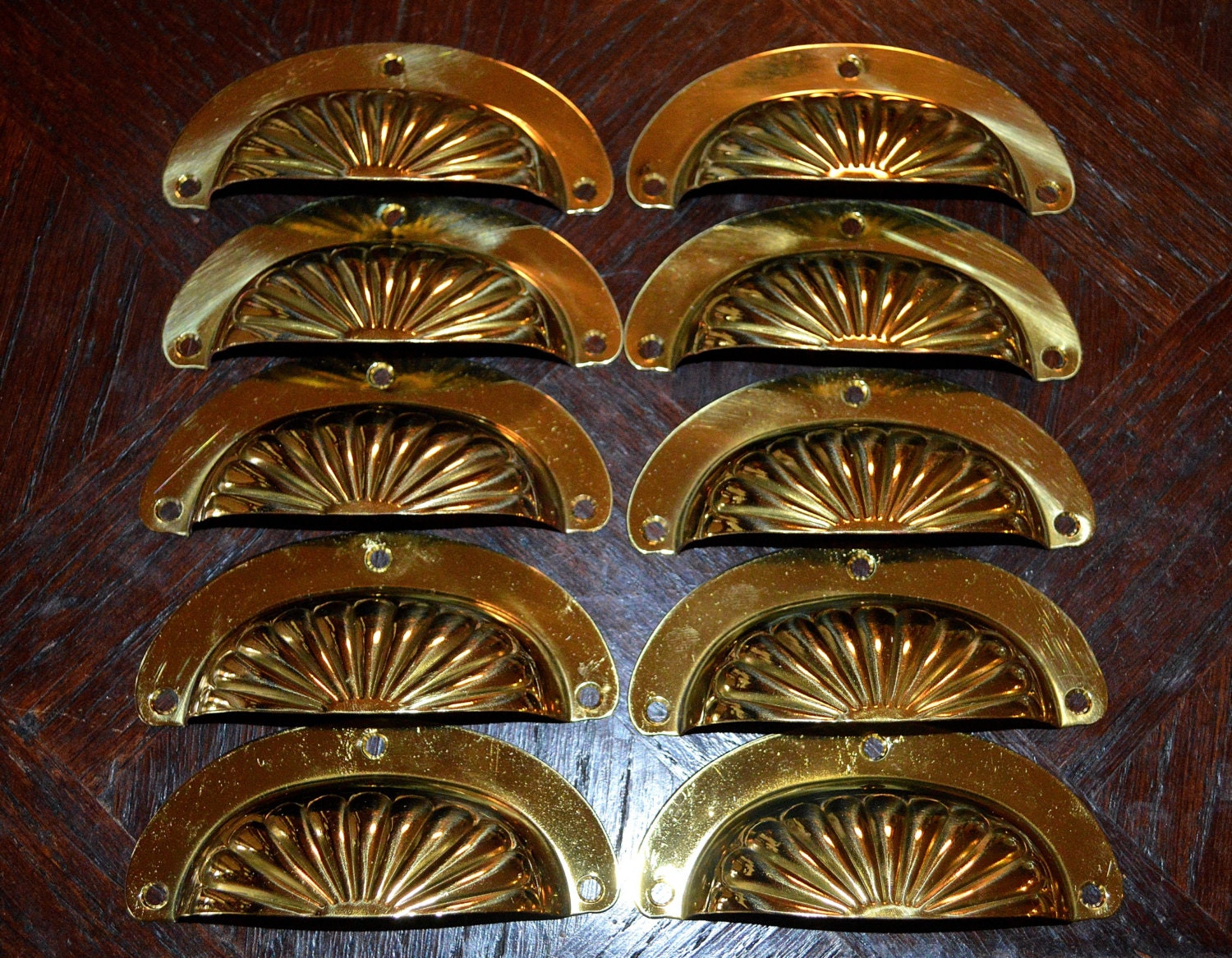 Vintage Pair Brass Drawer Bin Pulls Hardware Shell Design Repurpose ...