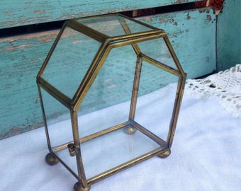 Vintage Glass Terrarium Brass Hinges Trinket Box Hexagonal Display Case