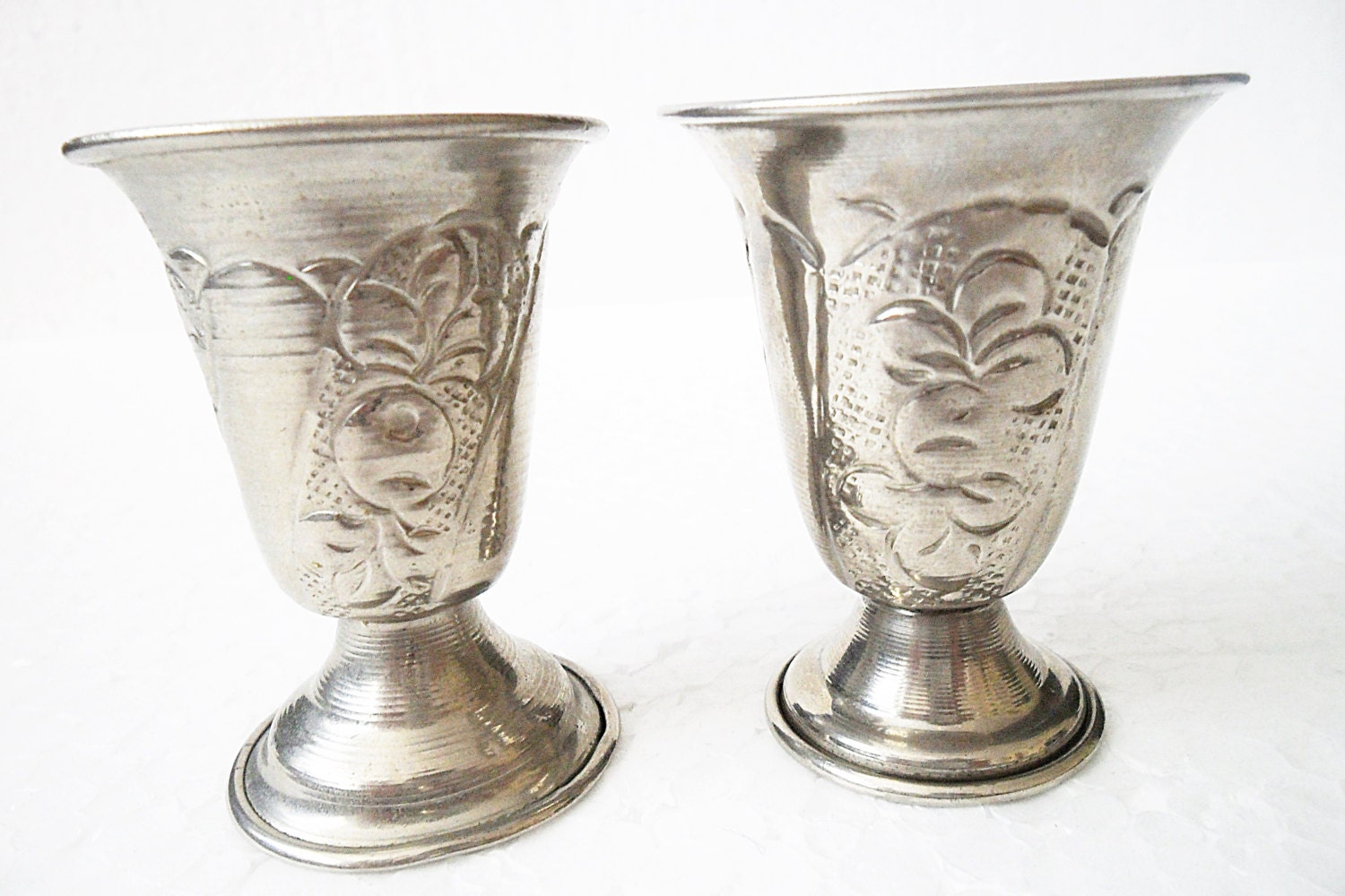 vintage silver,Tiny metal goblets, two pedestal cups, Chisel hammered ...