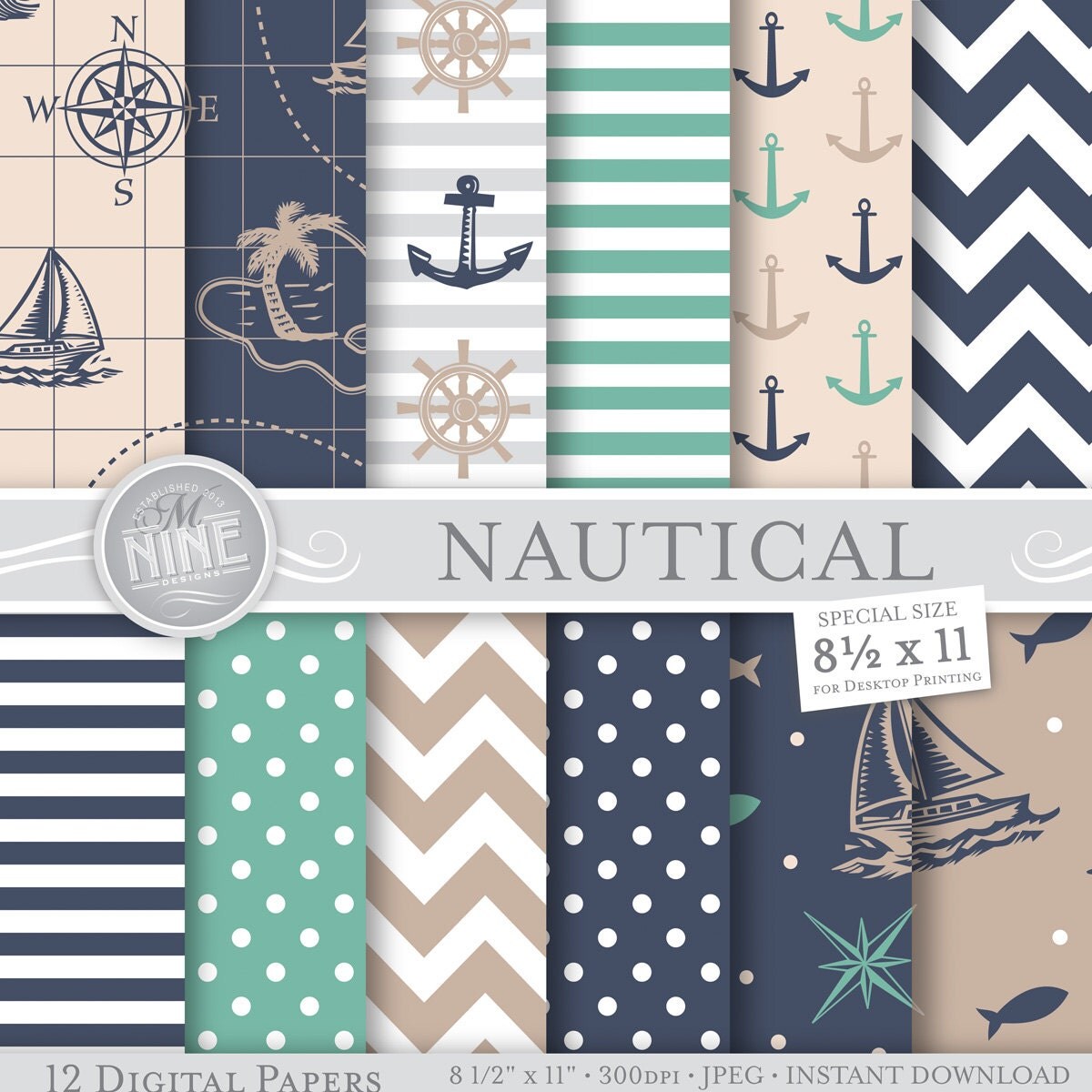 NAUTICAL Digital Paper 8 1/2 x 11 NEUTRAL BLUE
