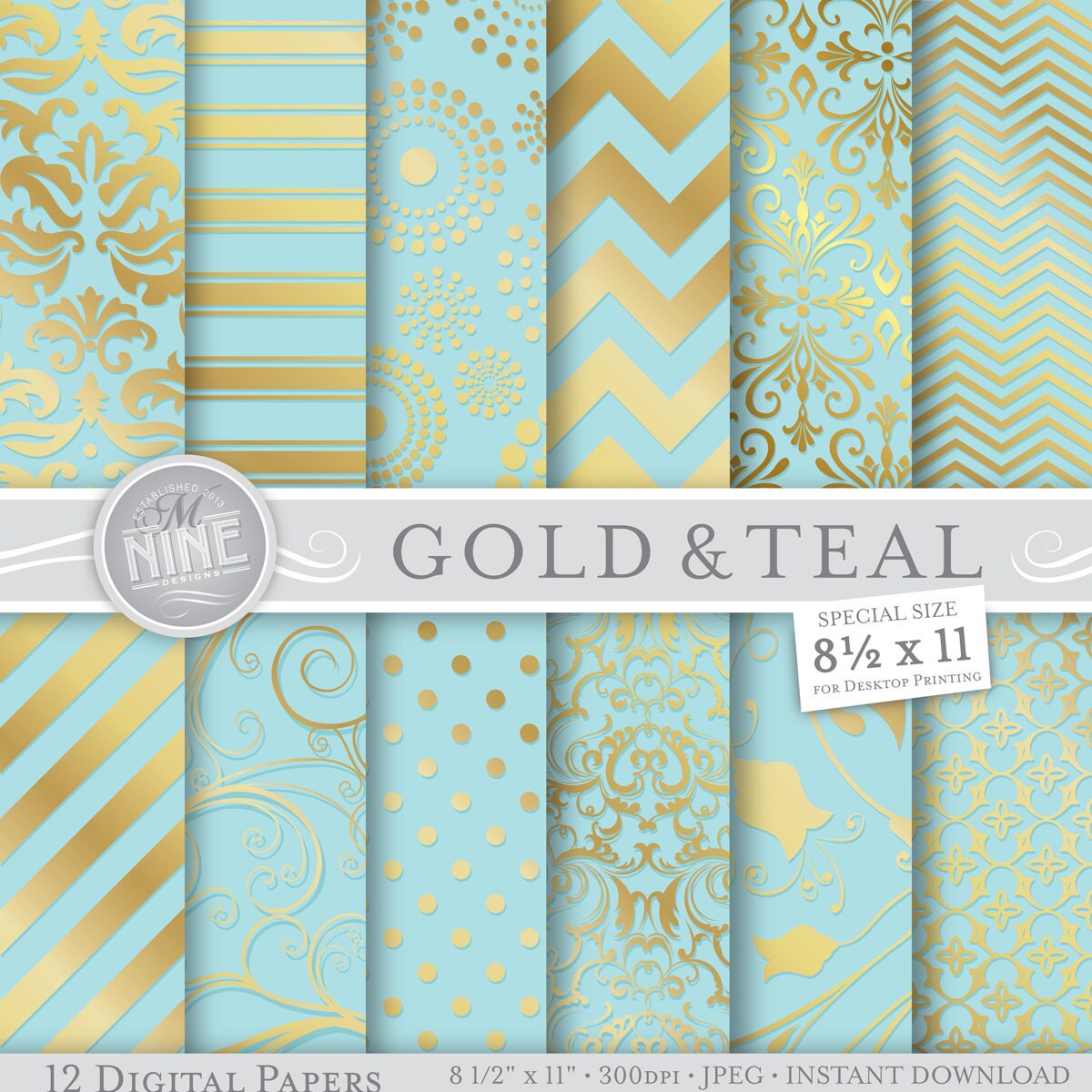 GOLD & LIGHT TEAL Patterns 8 1/2 x 11 Digital