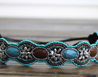 Bohemian Floral Beaded headband boho beaded Aqua head piece Turquoise ...