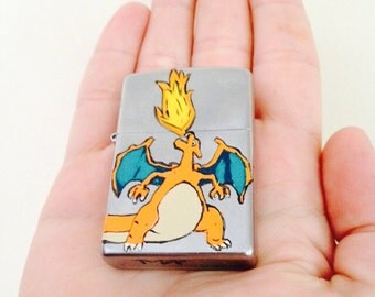 Hand painted Charizard Zippo lighter. Pokemon lighter.