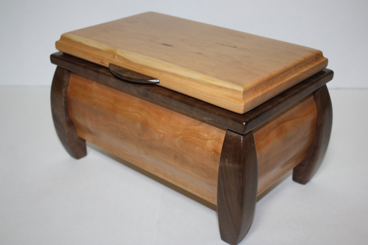 Cherry and Walnut Handmade Wood Box. Sexy Curved Legs and