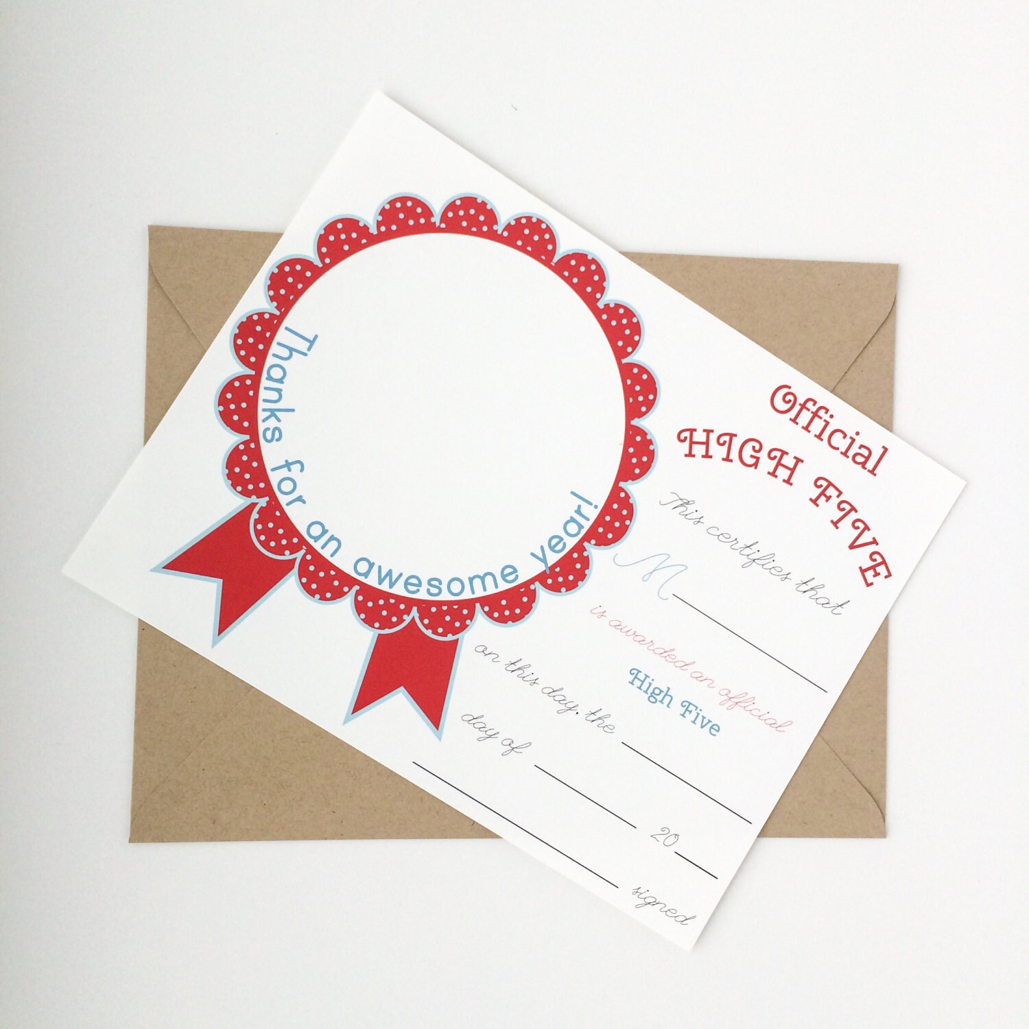 Teacher High Five Award Certificate Thank You Card in Red/Blue