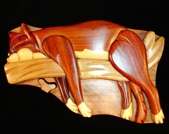 Hand Carved Wood Art Intarsia Lazy White KITTY CAT Puzzle Jewelry ...