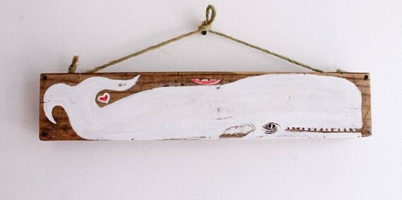 Whale Sign with Red Heart and Boat White Whale on Reclaimed