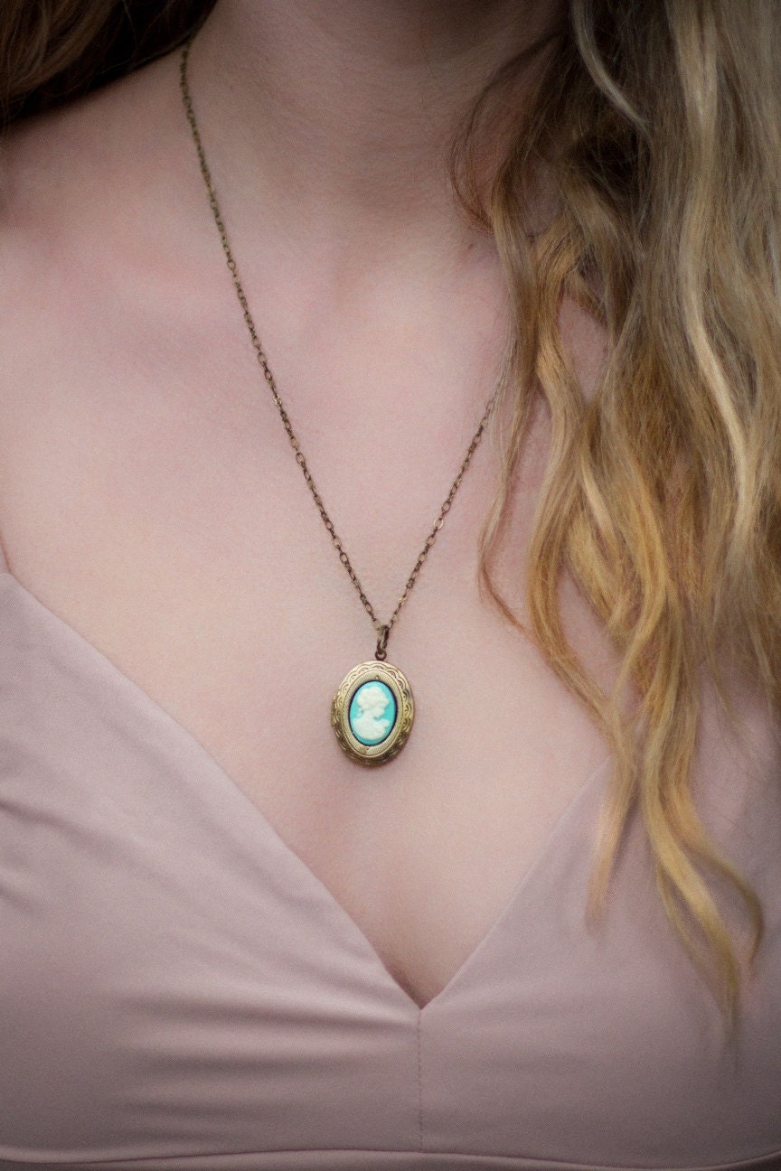 Turquoise Blue Cameo Necklace Aqua Blue Cameo Oval Locket