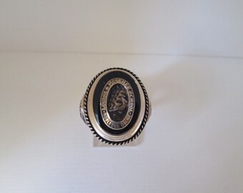 Large 1990 Class Ring Yellow Gold and Onyx with Sailing Ship