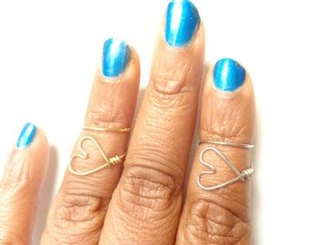 2 Heart Knuckle Rings, Open Heart Ring, Midi Ring Set, Full Finger Ring ...