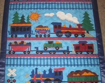 Baby boy Train quilt blanket with Satin binding