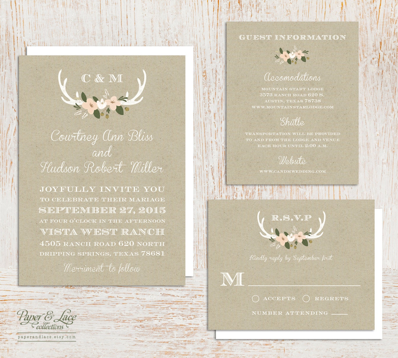 Rustic Kraft Antler Wedding Invitations – OnePaperHeart – Stationary ...