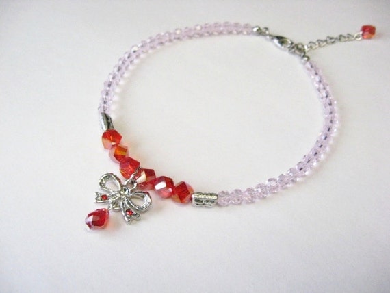 Items similar to Red Bow Anklet - Red Ribbon Charm - Silver Bow Charm ...