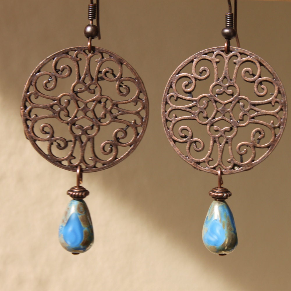 Bohemian Earrings Blue Copper Earrings Dangle Boho Earrings