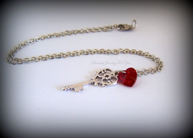 Ruby Red Skeleton Key Necklace: Red Heart Necklace Red