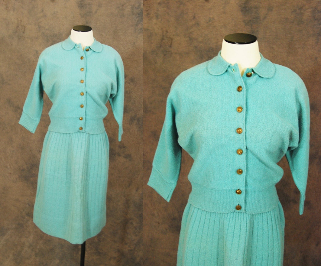 vintage 50s Sweater Dress – 1950s Aqua Blue Knit Suit – Wool Cardigan ...