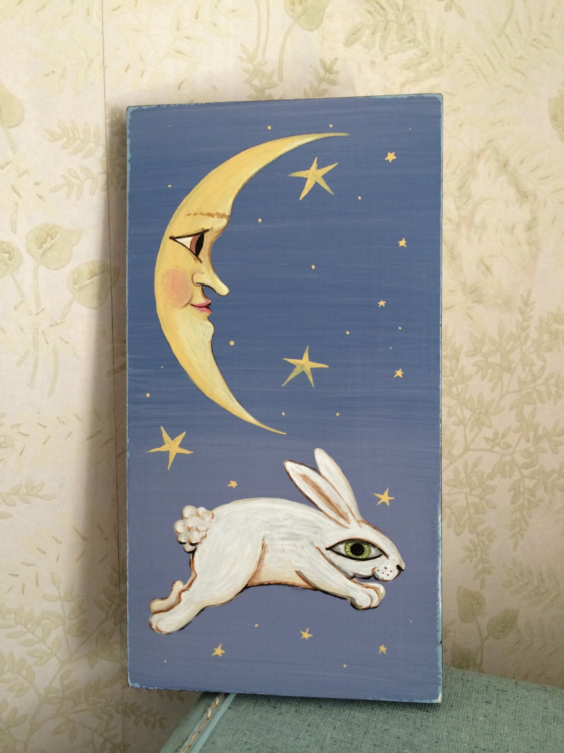 Leaping rabbit Bunny and Moon Folk Art Painting on Wood