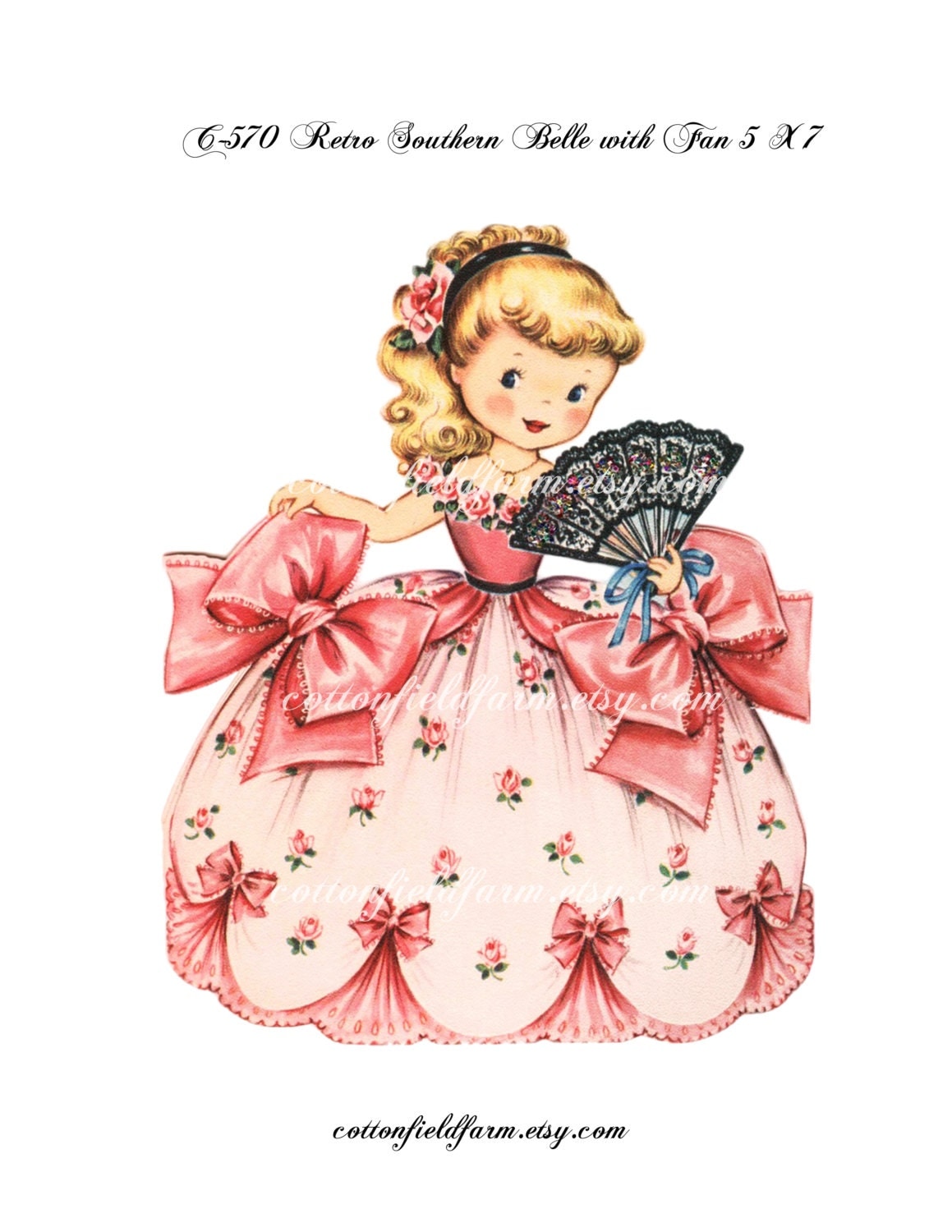 Retro Southern Belle with Fan Clip Art 5 X 7 by Cottonfieldfarm