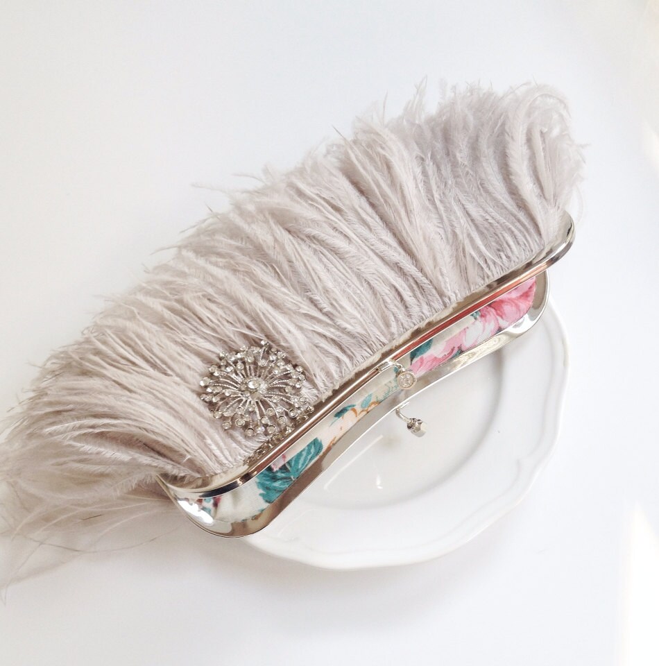 Ostrich Feather Clutch With Crystal Brooch Dove Grey