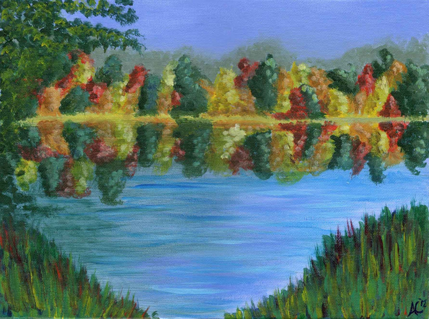 Fall Trees at Lake Acrylic Landscape Painting