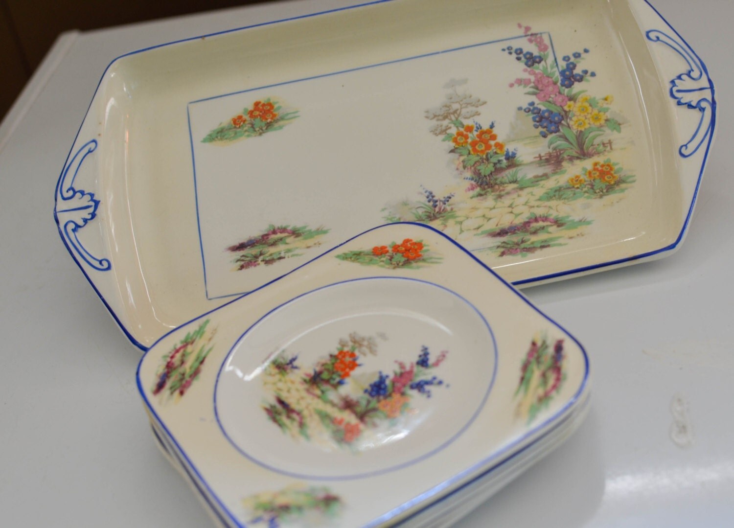 Coronet Ware English Cottage Garden Snack Tray with plates China 1930s ...