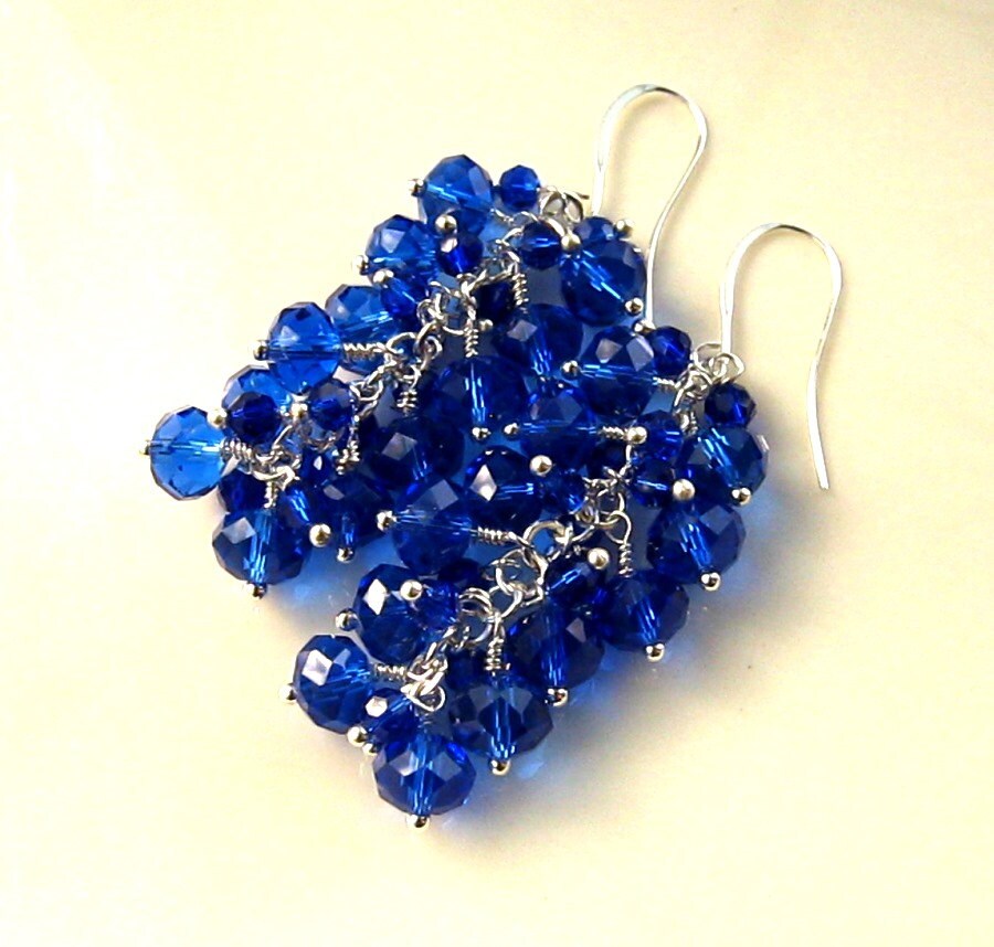 Long Cobalt Blue Crystal Cluster Earrings by prettypiecesjewelry