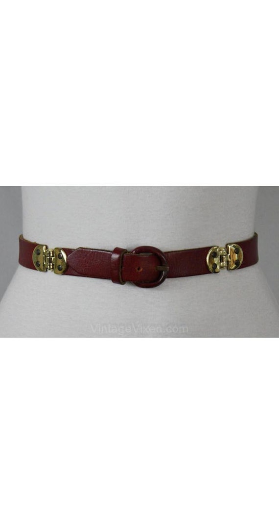 1950s Garnet Leather Belt with Brass Hinges Size 5/6 Belt