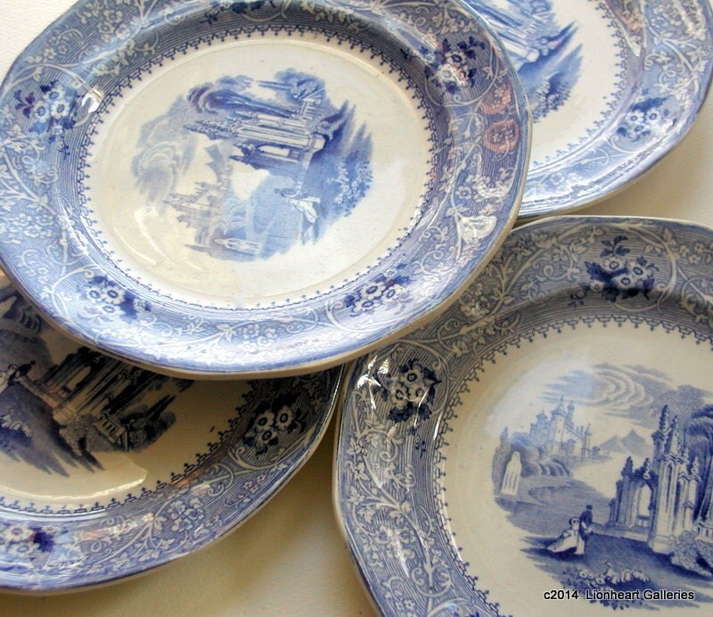 Set of 4 Antique W. Adams Romantic Staffordshire Blue Plates Columbia ...