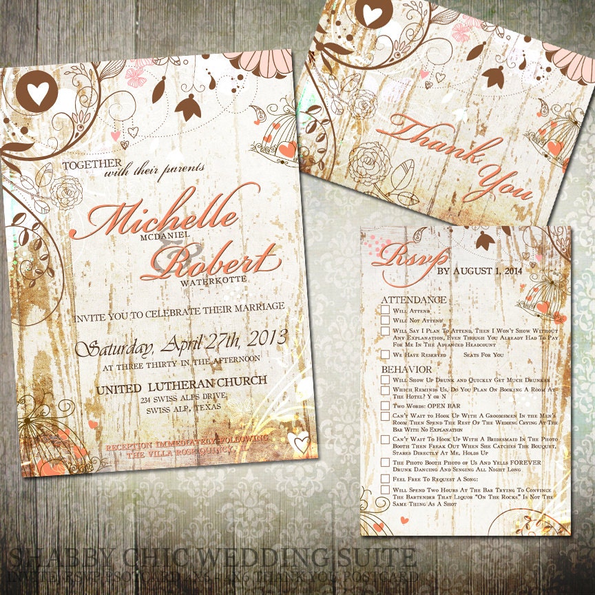 Rustic Wedding Invitation and RSVP-Shabby Chic Fancy Flourishes on ...