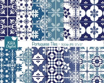 Moroccan Digital Paper: BLUE MOROCCAN TILES retro
