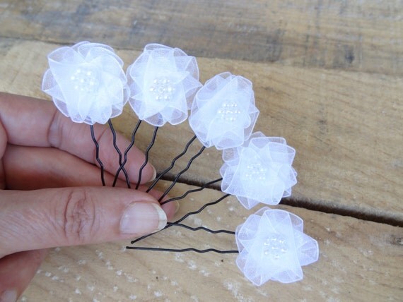 White Flower Wedding Hair Pins Ivory Bridal Hair Pins Hair