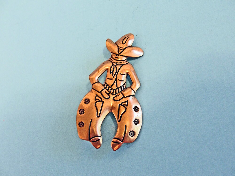 SALE Vintage Copper Cowboy Brooch With Sad Face Chaps and Ten Gallon ...