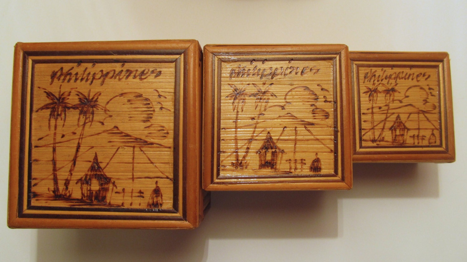Nesting Boxes, Philippines stackable box set Tropical Island Scene Hand ...