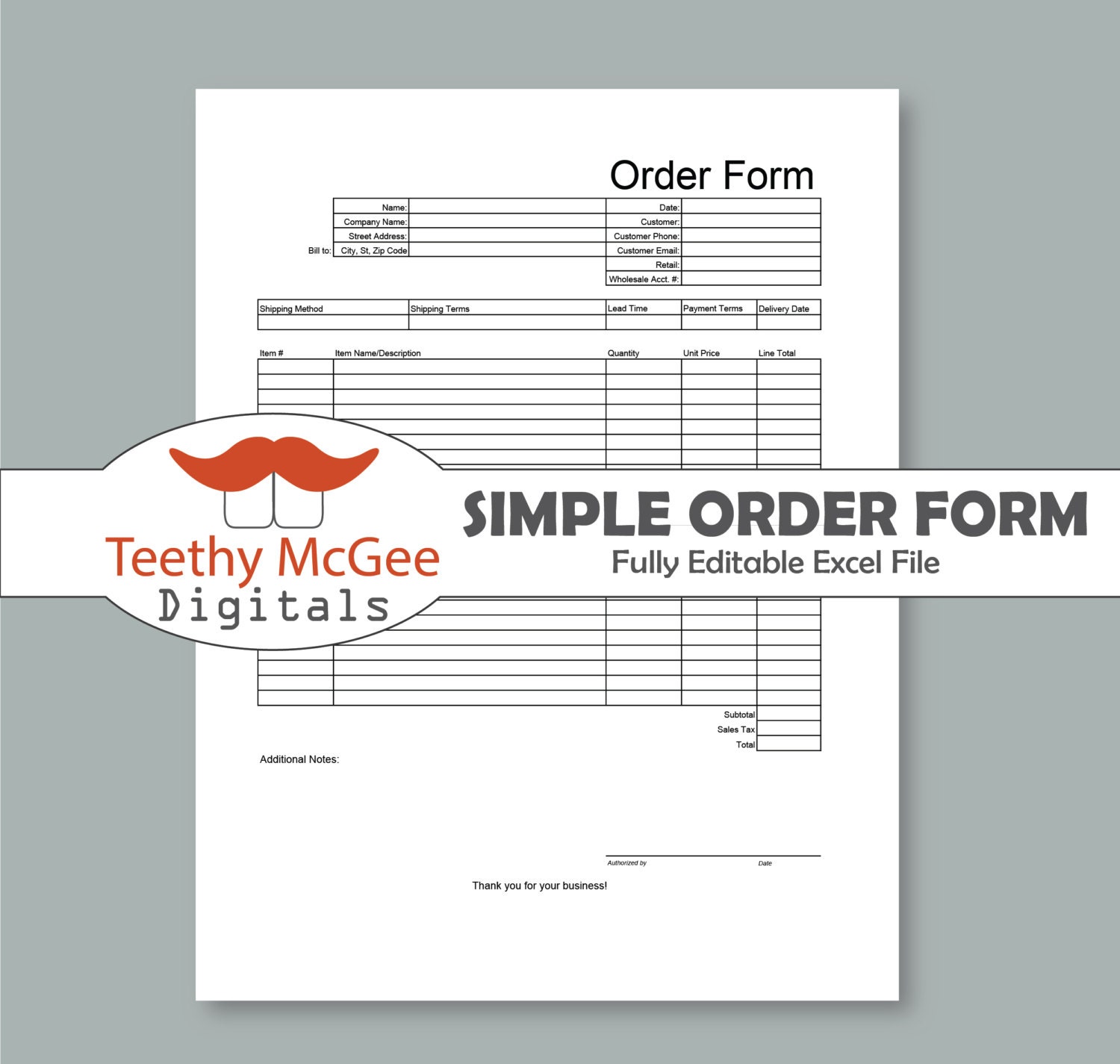 Order Form Template Instant Download Editable Business Tool