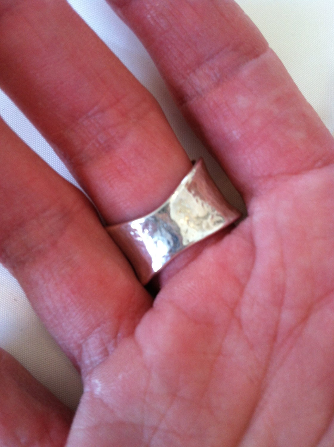 Sterling Silver Wide Band Ring 14mm Hammered Anticlastic