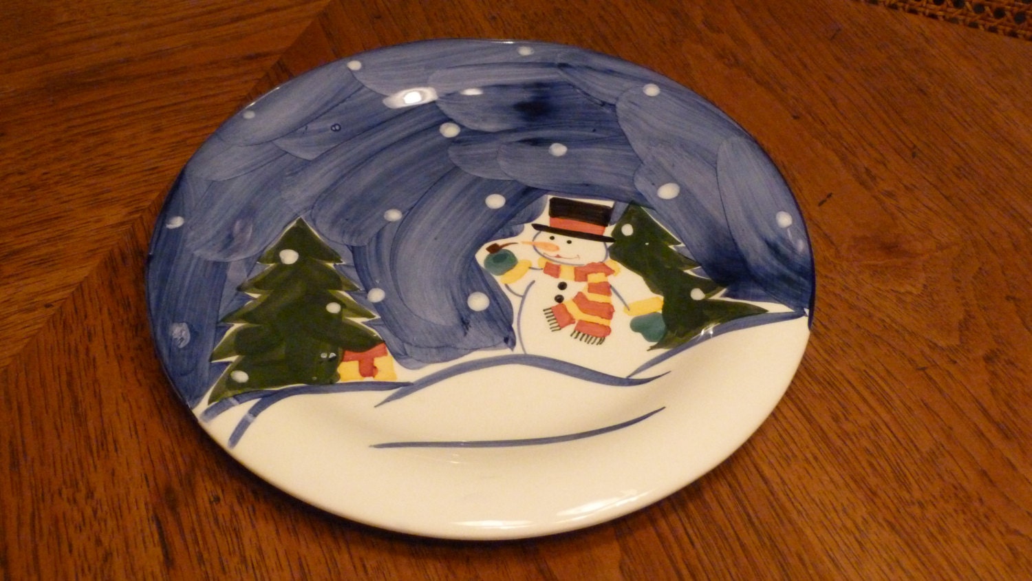 Snowman Plate Beautiful Outdoor Scene of Evergreen Trees and Snow ...